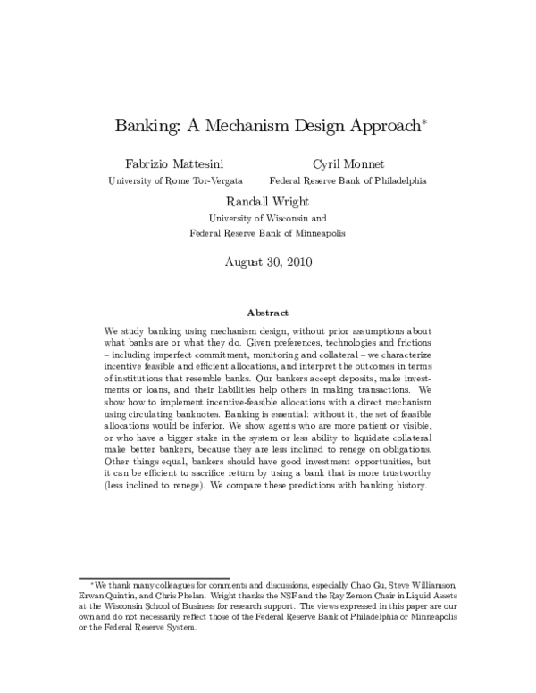 (PDF) 2010) “Banking: A Mechanism Design Approach
