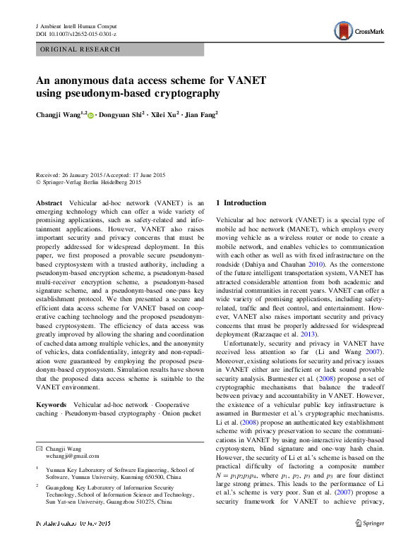 (PDF) An anonymous data access scheme for VANET using pseudonym-based cryptography