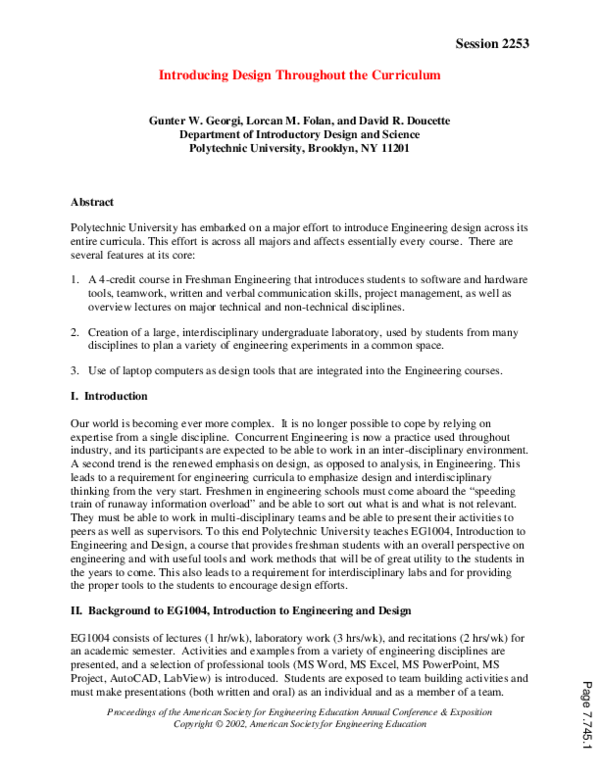 (PDF) Introducing Design Throughout The Curriculum