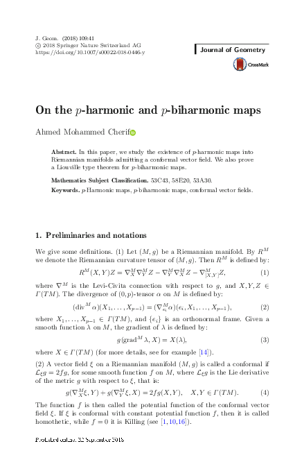 (PDF) On the p-harmonic and p-biharmonic maps | Ahmed Mohammed Cherif ...