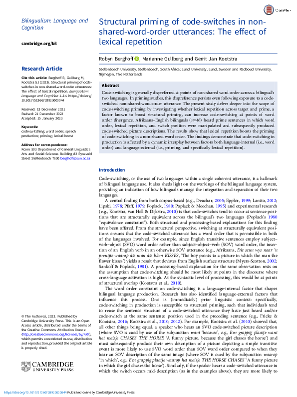 (PDF) Structural priming of code-switches in nonshared- word-order utterances: The effect of ...