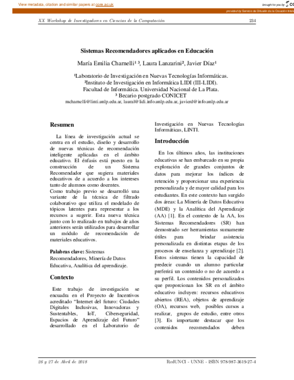 (PDF) Sistemas recomendadores aplicados en educación | Laura Lanzarini ...
