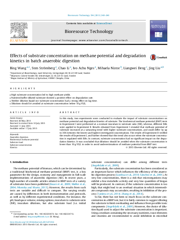 (PDF) Effects of substrate concentration on methane potential and ...