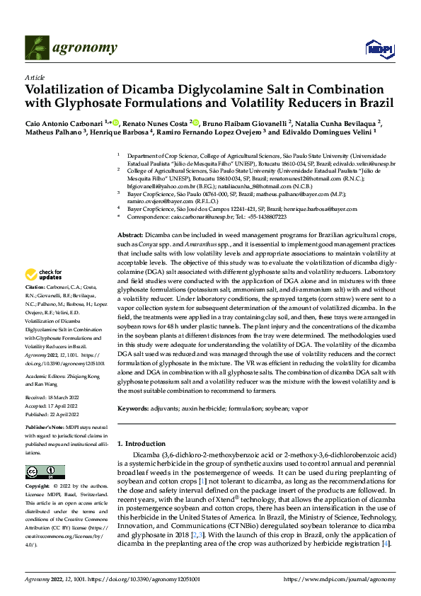(PDF) Volatilization of Dicamba Diglycolamine Salt in Combination with ...