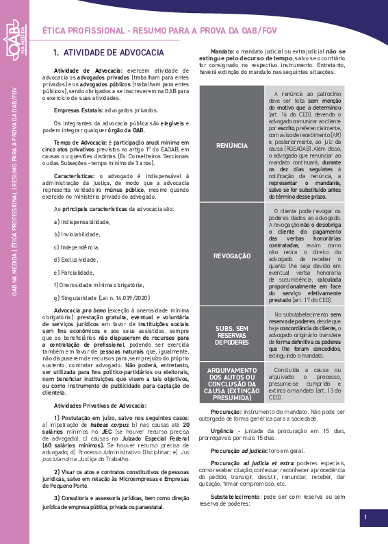 (PDF) ÉTICA PROFISSIONAL -RESUMO PARA A PROVA DA OAB/FGV