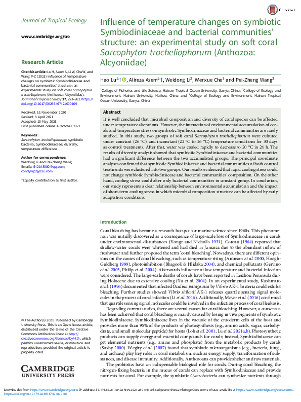 (PDF) Influence of temperature changes on symbiotic Symbiodiniaceae and ...