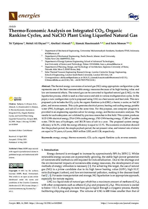 (PDF) Thermo-Economic Analysis on Integrated CO2, Organic Rankine Cycles, and NaClO Plant Using ...