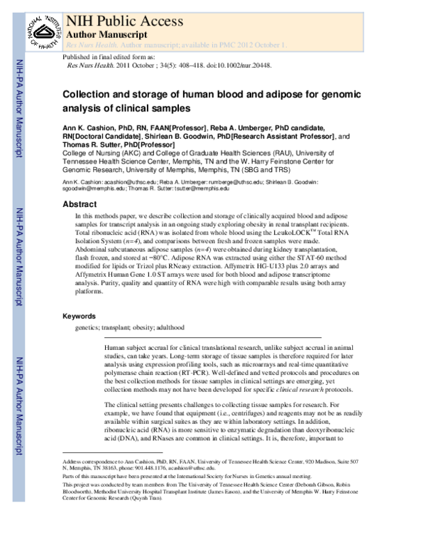 (PDF) Collection and storage of human blood and adipose for genomic ...
