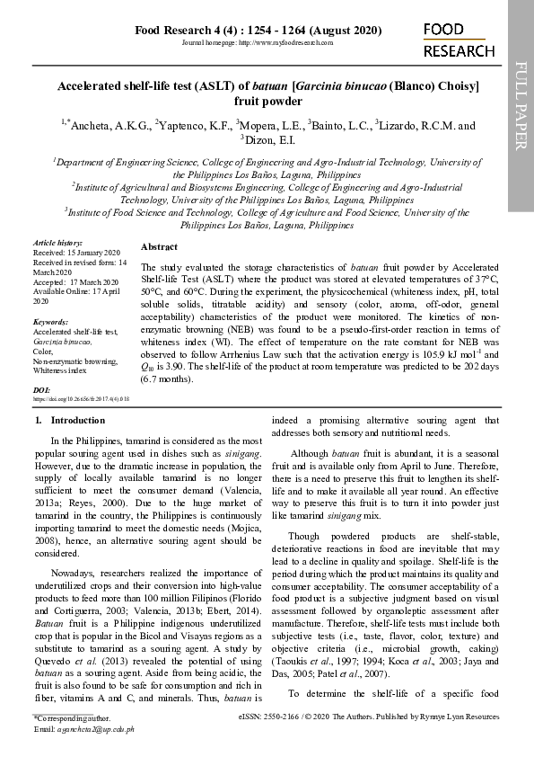 (PDF) Accelerated shelf-life test (ASLT) of batuan [Garcinia binucao ...