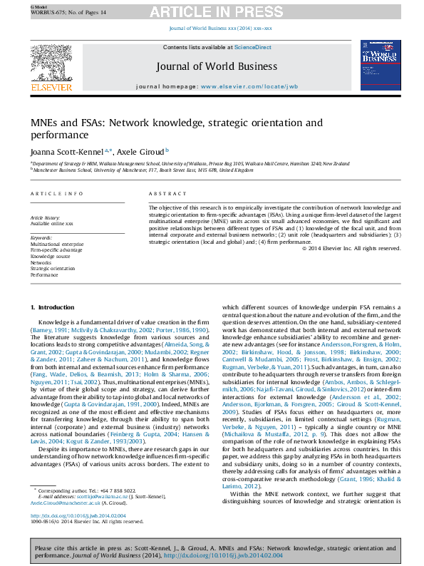 (PDF) MNEs and FSAs: Network knowledge, strategic orientation and ...