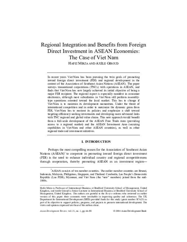 (PDF) Regional Integration and Benefits from Foreign Direct Investment ...