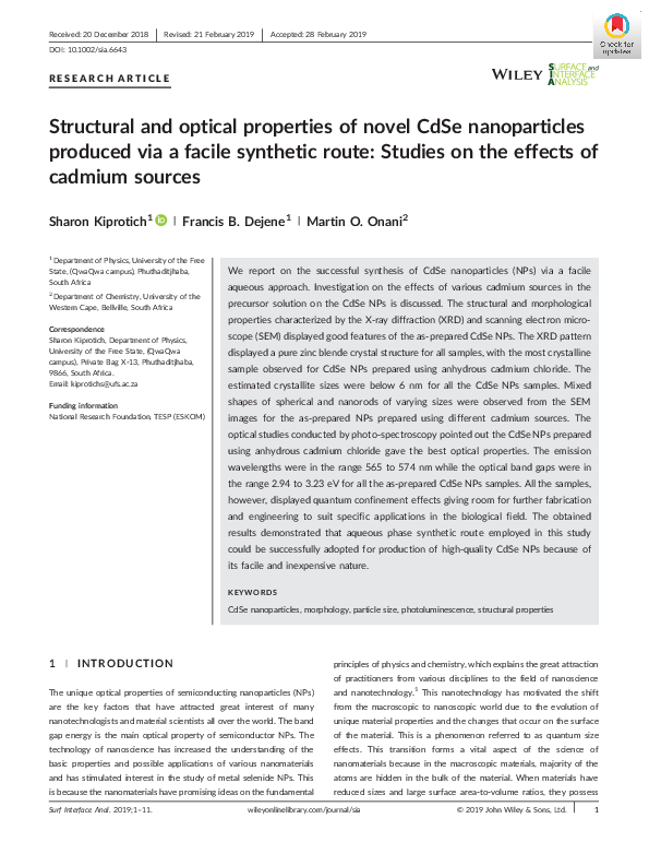 (PDF) Structural and optical properties of novel CdSe nanoparticles produced via a facile ...