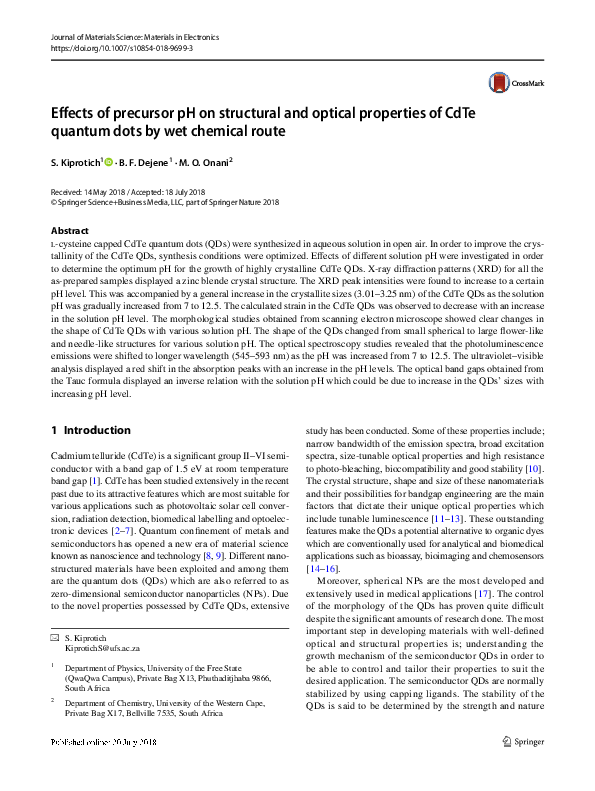 (PDF) Effects of precursor pH on structural and optical properties of CdTe quantum dots by wet ...