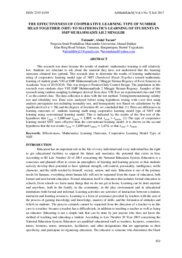 (PDF) The Effectiveness of Cooperative Learning Type of Number Head Together (NHT) to ...