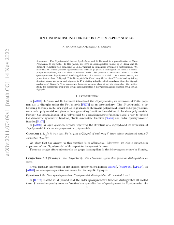 (PDF) On distinguishing digraphs by its quasisymmetric B-polynomial