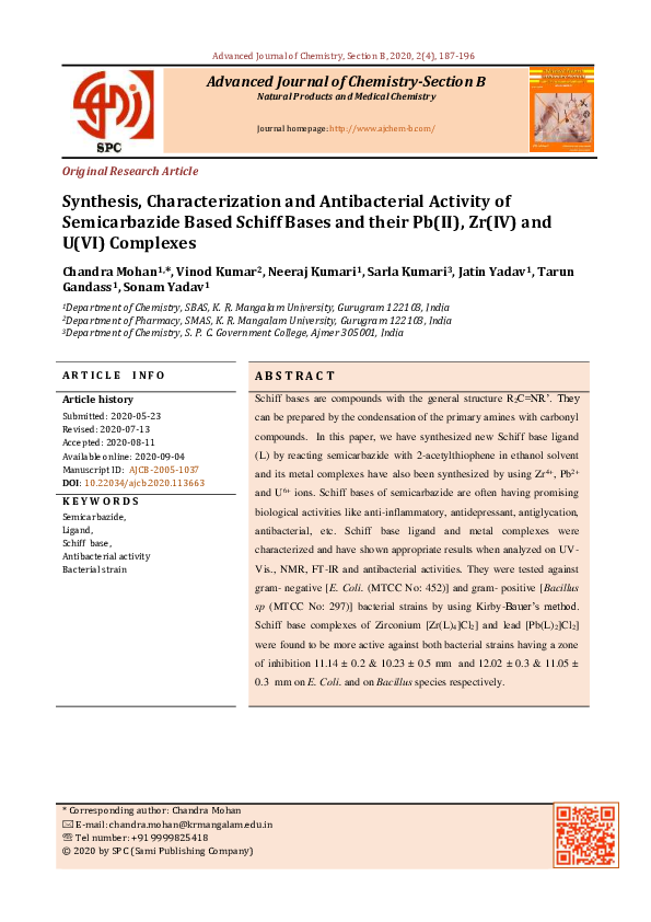 (PDF) Synthesis, Characterization and Antibacterial Activity of Semicarbazide Based Schiff Bases ...
