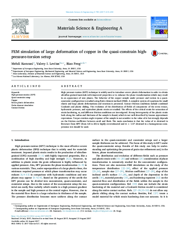 (PDF) FEM simulation of large deformation of copper in the quasi-constrain high-pressure-torsion ...