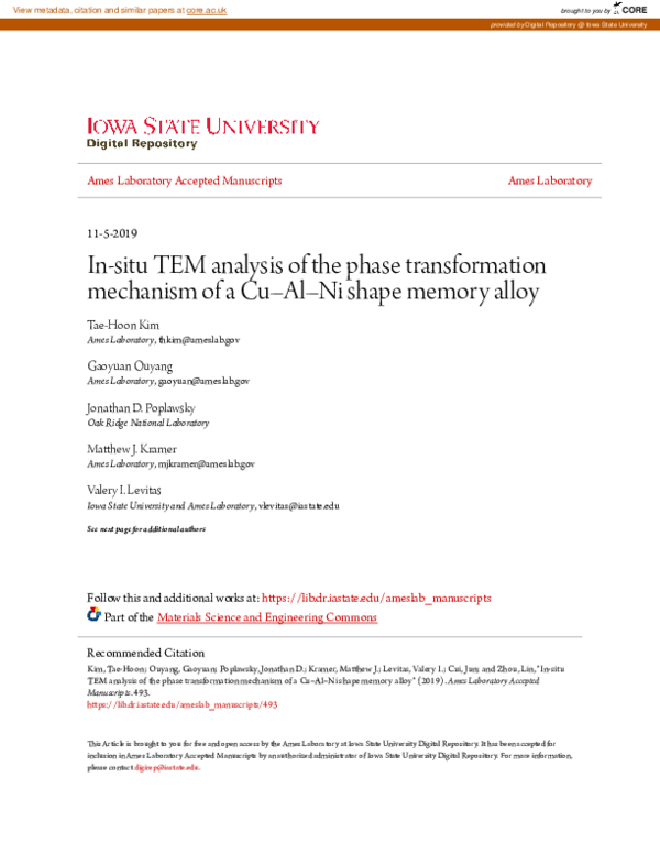 (PDF) In-situ TEM analysis of the phase transformation mechanism of a Cu–Al–Ni shape memory alloy