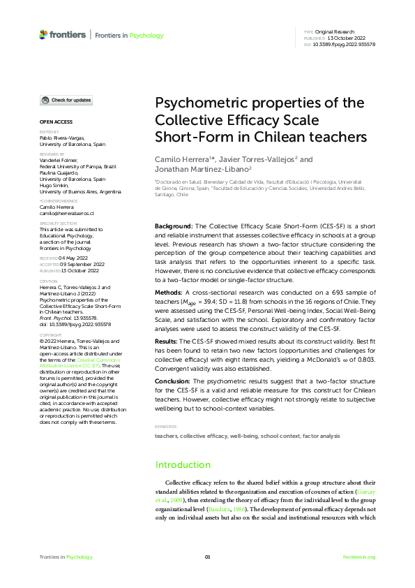 (PDF) Psychometric properties of the Collective Efficacy Scale Short ...