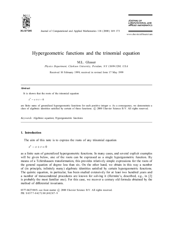 (PDF) Hypergeometric functions and the trinomial equation