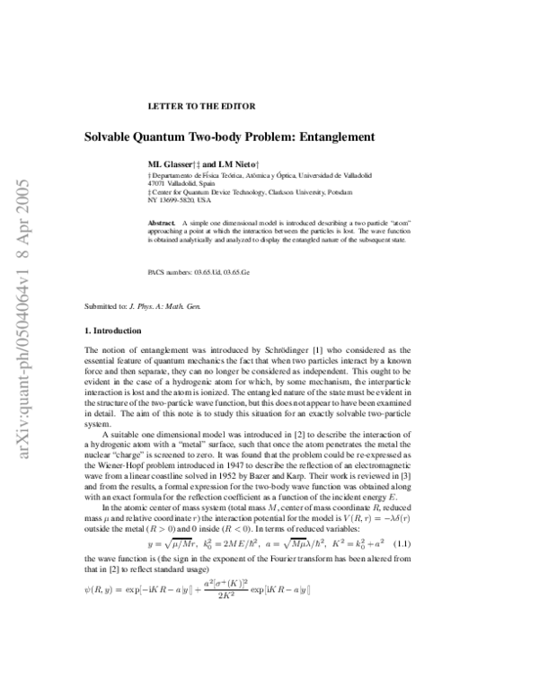 (PDF) LETTER TO THE EDITOR: Solvable quantum two-body problem: entanglement