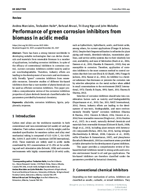 (PDF) Performance of green corrosion inhibitors from biomass in acidic ...