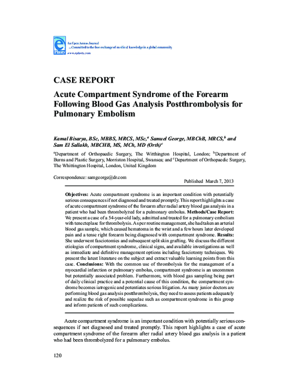 (PDF) CASE REPORT Acute Compartment Syndrome of the Forearm Following ...
