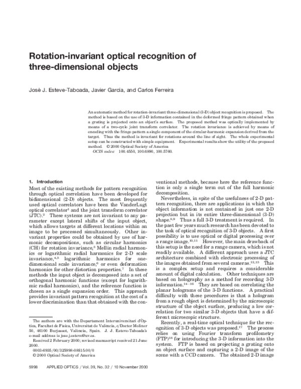 Pdf Rotation Invariant Optical Recognition Of Three Dimensional Objects