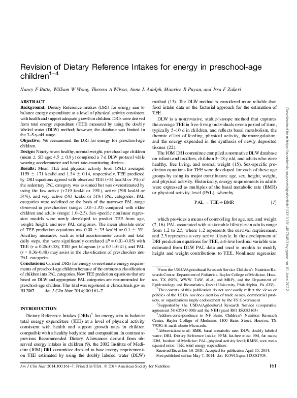 (PDF) Revision of Dietary Reference Intakes for energy in preschool-age ...