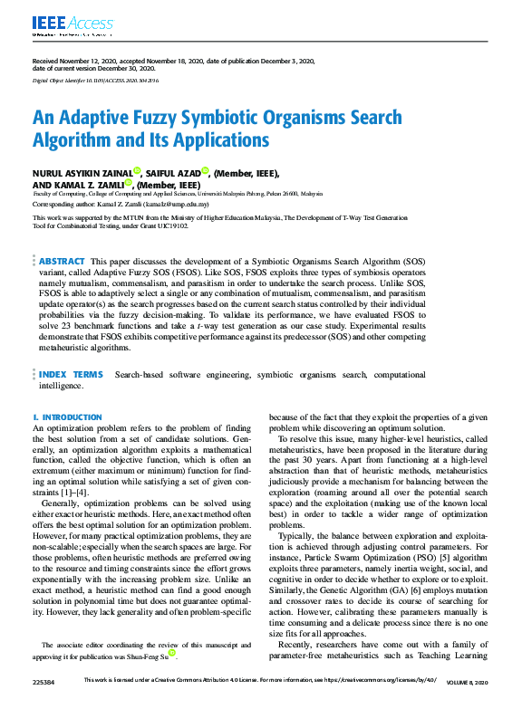 Pdf An Adaptive Fuzzy Symbiotic Organisms Search Algorithm And Its Applications