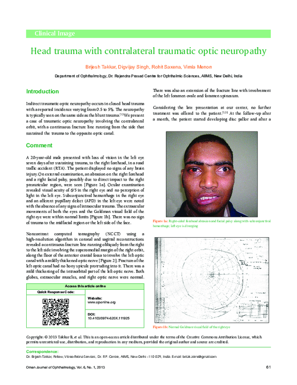 (PDF) Head trauma with contralateral traumatic optic neuropathy