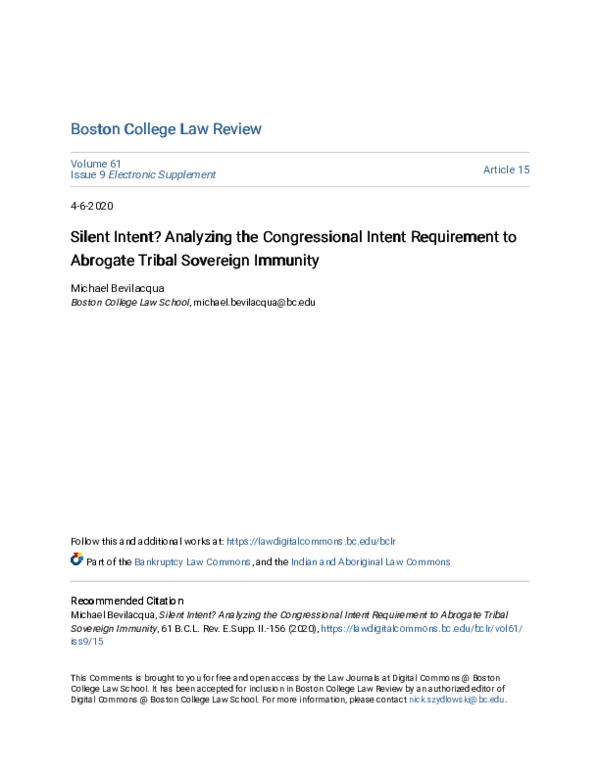 (PDF) Silent Intent? Analyzing the Congressional Intent Requirement to ...