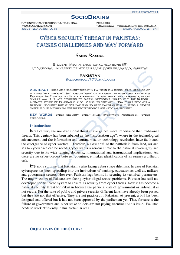(PDF) Cyber security threat in Pakistan : causes Challenges and way forward