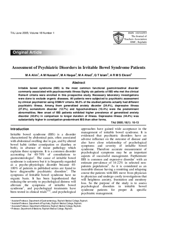 (PDF) Assessment of Psychiatric Disorders in Irritable Bowel Syndrome Patients | Abdul Alim ...