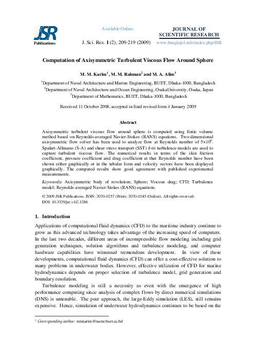 Pdf Computation Of Axisymmetric Turbulent Viscous Flow Around Sphere