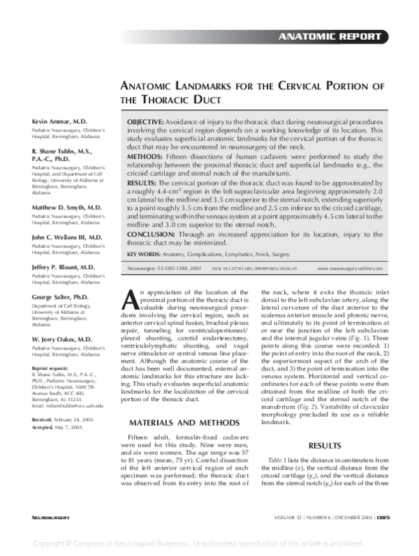 (PDF) Anatomic Landmarks for the Cervical Portion of the Thoracic Duct