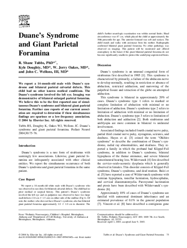 (PDF) Duane's syndrome and giant parietal foramina