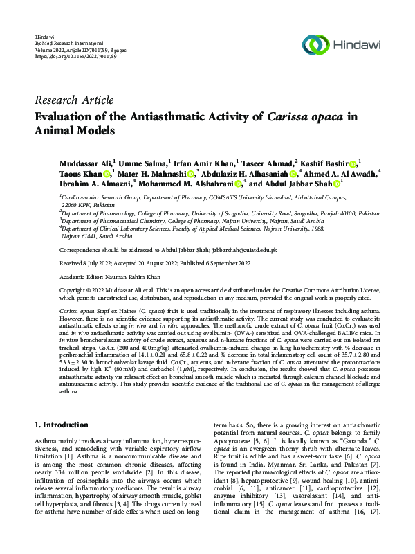 (PDF) Evaluation of the Antiasthmatic Activity of Carissa opaca in ...
