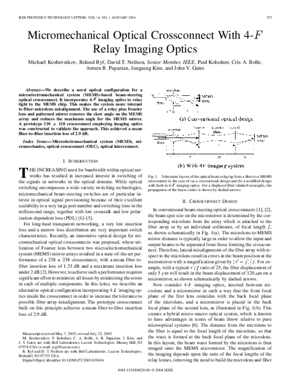 (PDF) Micromechanical Optical Crossconnect With 4->tex /tex
