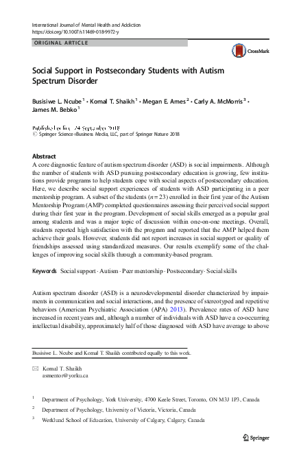 (PDF) Social Support in Postsecondary Students with Autism Spectrum ...