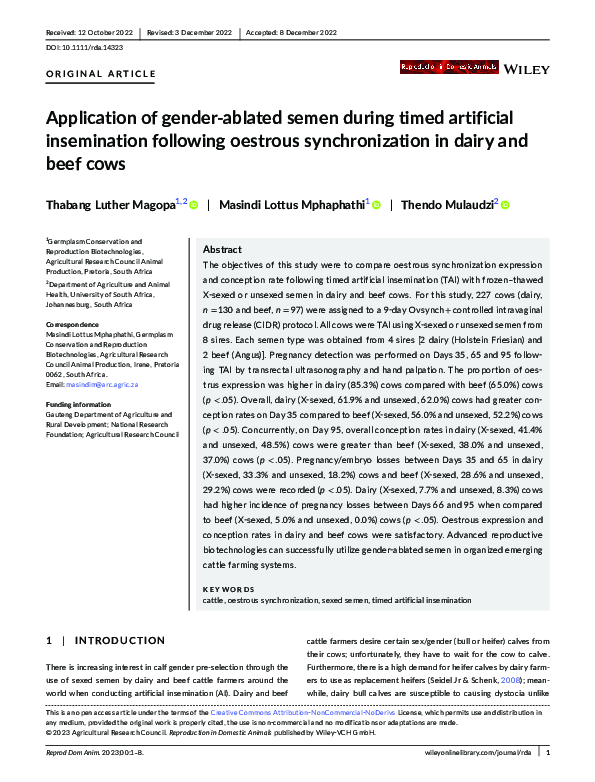 (PDF) Application of gender-ablated semen during timed artificial insemination following ...