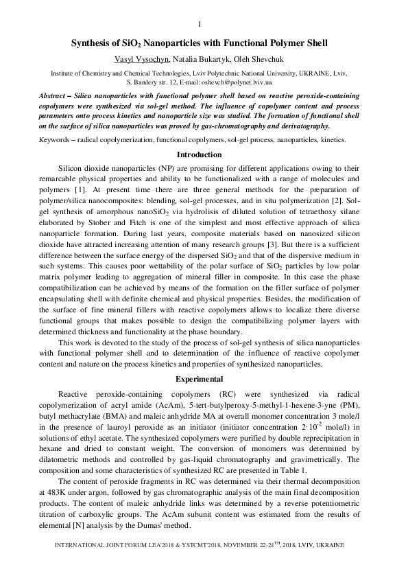 (PDF) Synthesis of SiO2 Nanoparticles with Functional Polymer Shell