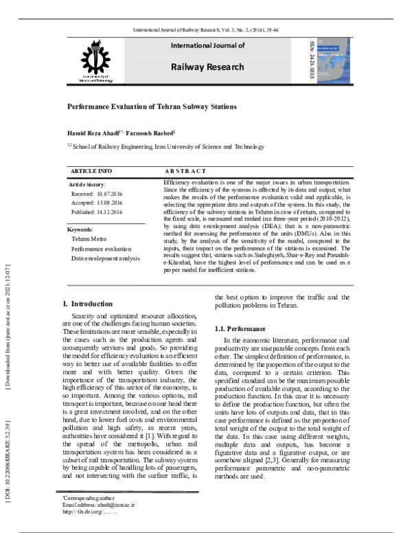 (PDF) Performance Evaluation of Tehran Subway Stations