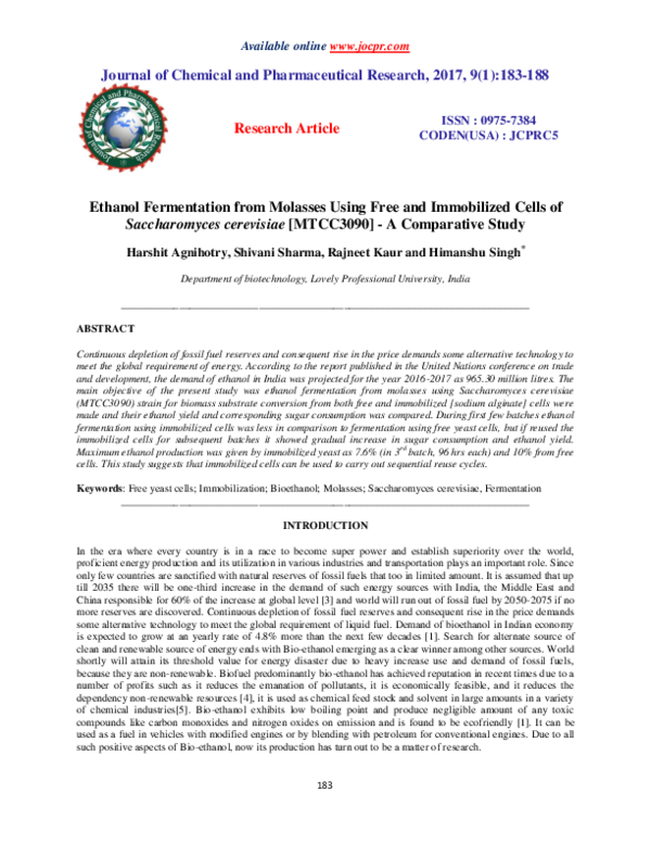 (PDF) Ethanol fermentation from molasses using free and immobilized ...