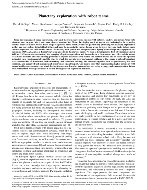 (PDF) Planetary Exploration With Robot Teams: Implementing Higher Autonomy With Swarm Intelligence