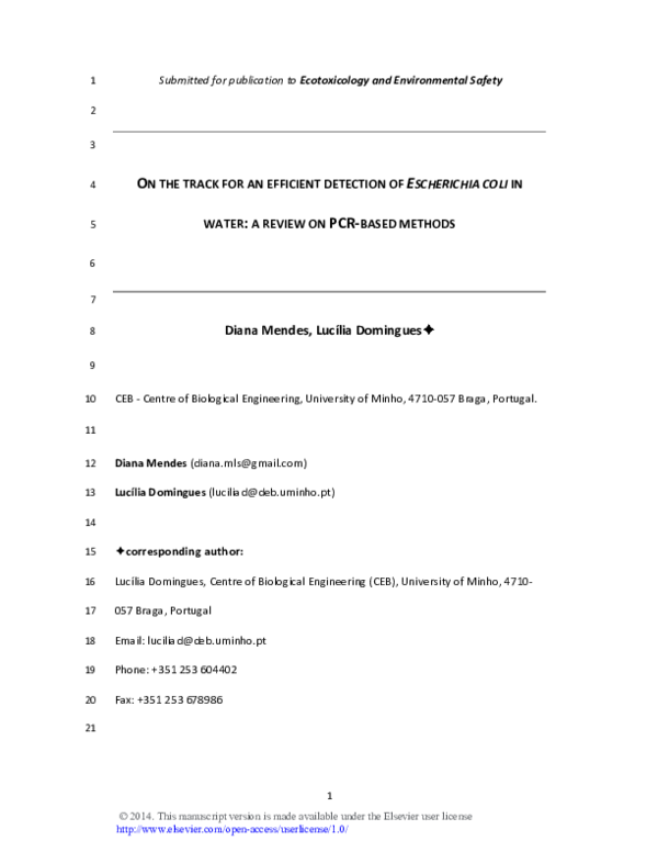 (PDF) On the track for an efficient detection of Escherichia coli in water: A review on PCR ...