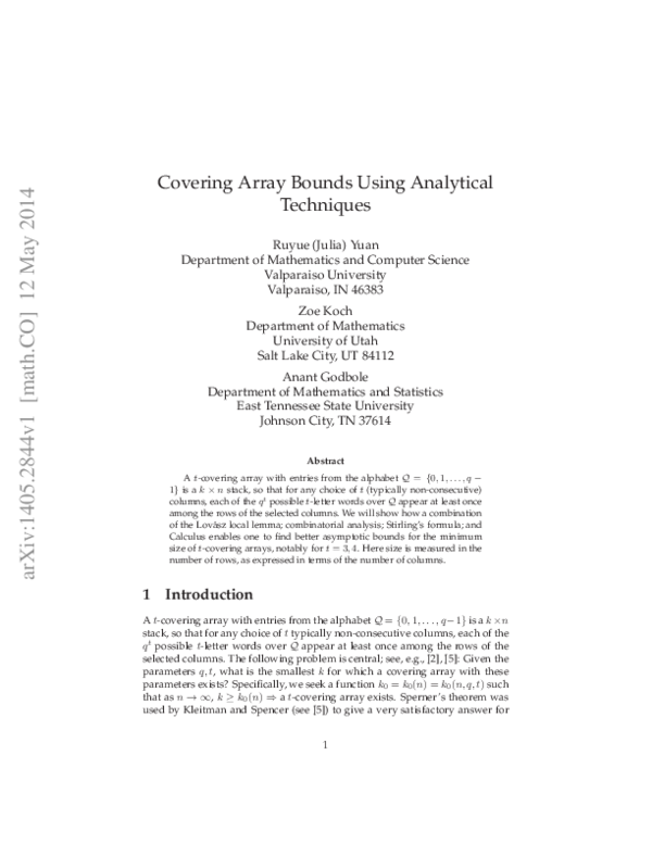(PDF) Covering Array Bounds Using Analytical Techniques (PDF) Covering Array Bounds Using Analytical Techniques