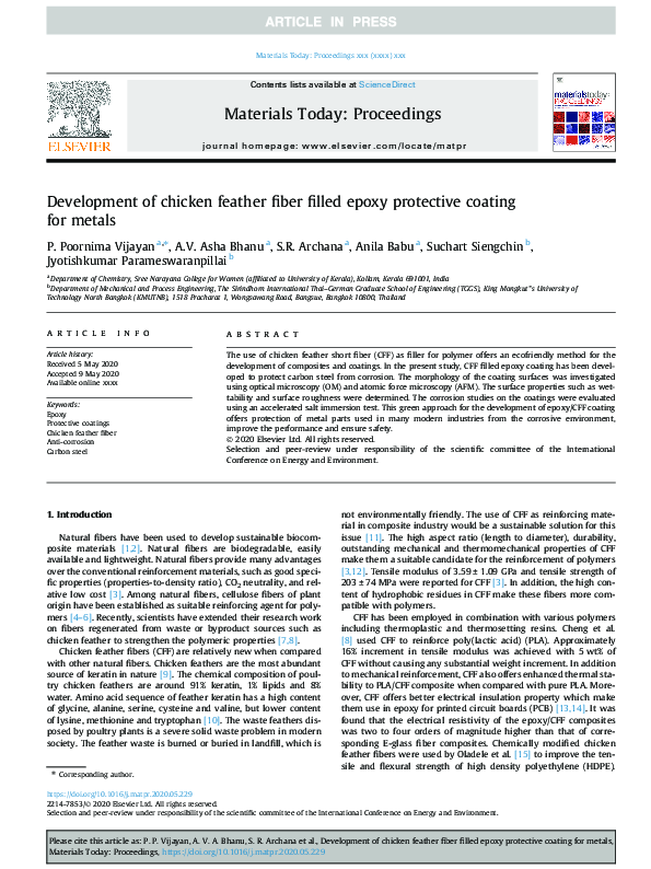 (PDF) Development of chicken feather fiber filled epoxy protective ...
