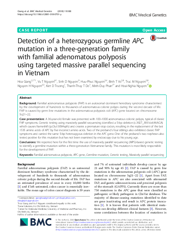 (PDF) Detection of a heterozygous germline APC mutation in a three ...