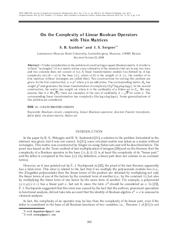 (PDF) On the complexity of linear boolean operators with thin matrices